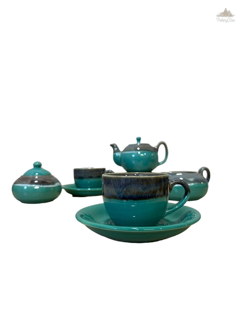 Hand Painted Teal Green and Ivory Shaded Tea Set | Ceramic Pottery